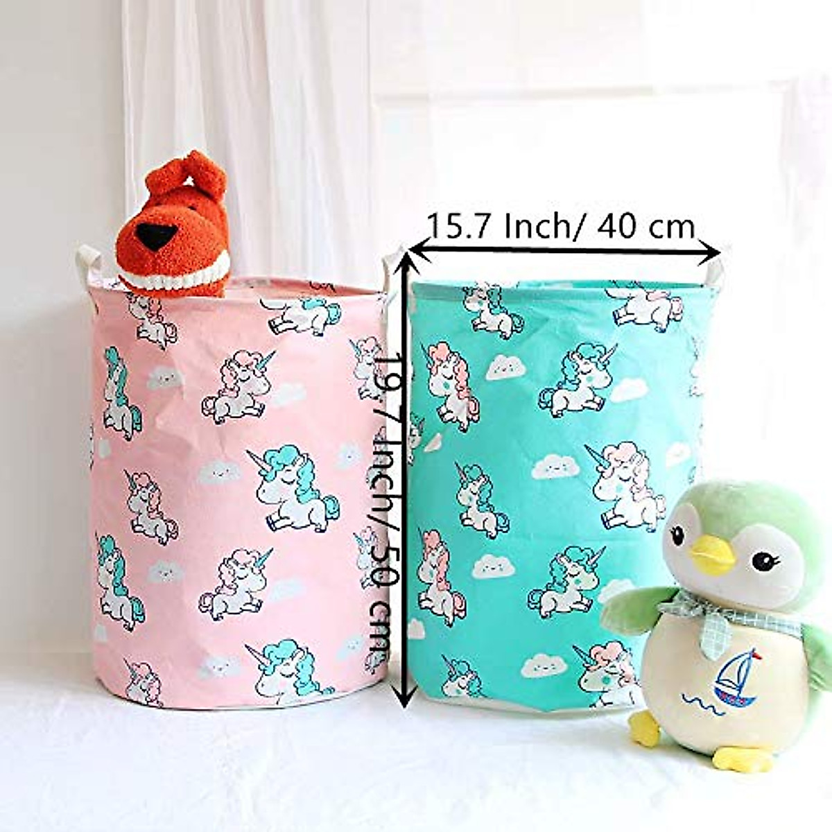 Large Laundry Storage Baskets, Unicorn Kids Baby Hampers, Canvas Home Organizer Containers for Girls, Kids Toys, Baby Clothing, Teal Blue
