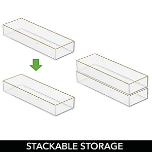 mDesign Slim Plastic Drawer Organizer, Storage Container for Cosmetics, Makeup, and Accessories on Bathroom Vanity, Countertop, or Cabinet - Lumiere Collection - 3 Pack - Clear/Soft Brass