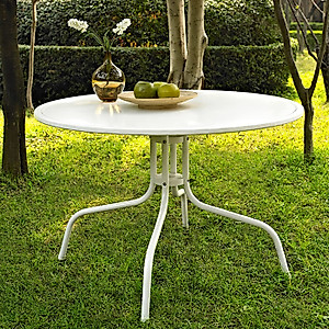 Crosley Furniture Griffith Retro Metal Round Outdoor Dining Table with Umbrella Hole for Outside Patio, Alabaster White