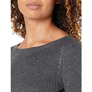 Amazon Essentials Women's Lightweight Ribbed Long-Sleeve Boat Neck Slim-Fit Sweater, Charcoal Heather, Medium