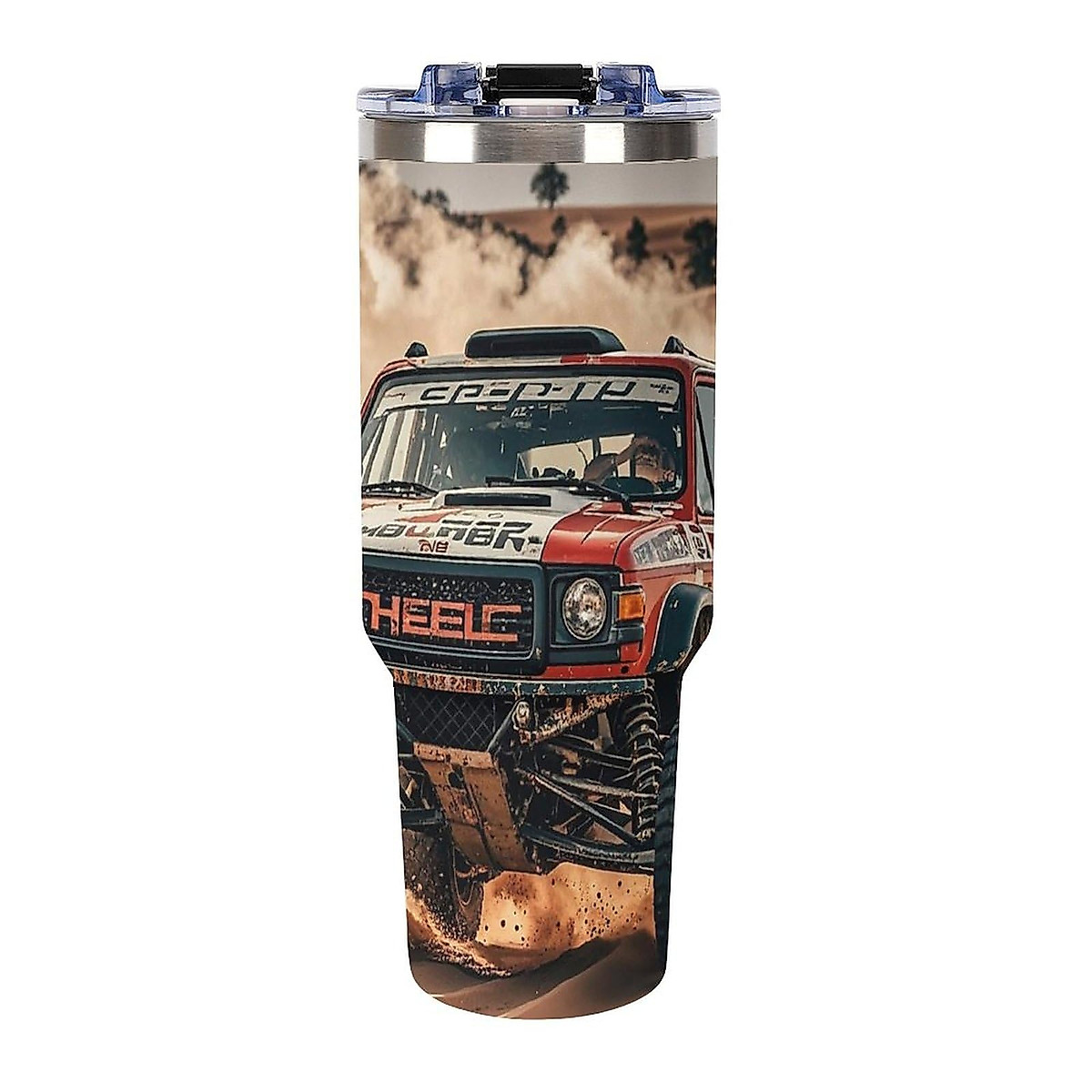 FHESDCW Off-road Racing Tumbler with Handle And Straw 40 Oz Leak Proof Large Capacity Car Cup Cupholder Friendly Stainless Steel Travel Coffee Mug Keep Cold Or Hot Black-style