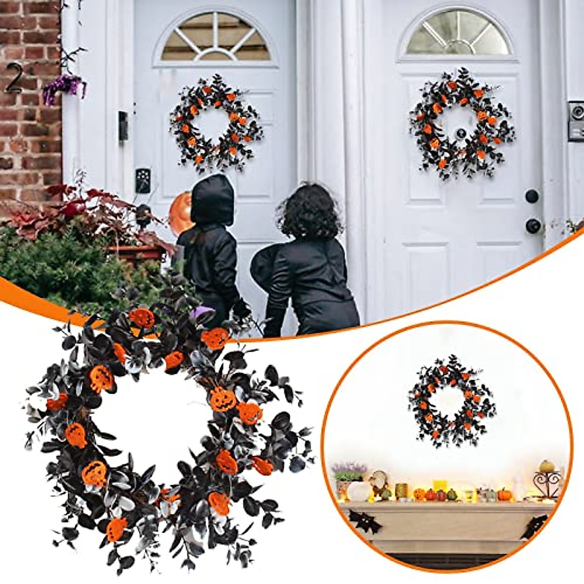 Halloween Floral Wreath Hangers, 11.81inch 35cm Round Artificial Leaf and Branch Pumpkin Cards Garland for Inside Outside, Farmhouse, Porch Wall or Window Decor Sign Front Door Decoration