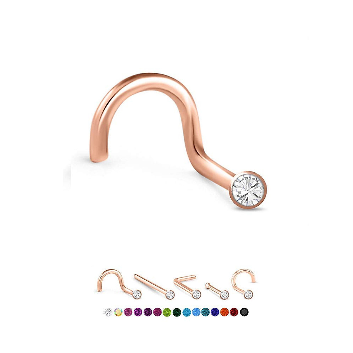 Rose Gold Plated 925 Sterling Silver Nose Stud Bone Ring 1.5mm Glued Aurora CZ 22G