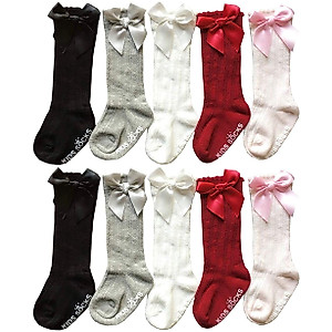 QandSweet Baby Girl Knee-High Socks Toddlers Bow Stockings Newborn Infant Non-Slip Sock (0-12 Months, A Non-skid 5 Pairs)