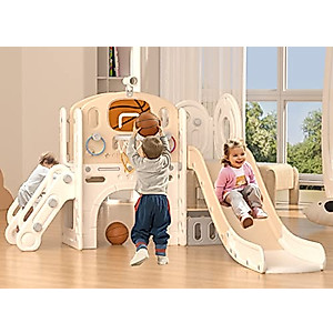 XJD 8 in 1 Toddler Slide, Kids Slide for Toddlers Age 1-3, Toddler Play Climber Slide Playset with Basketball Hoop and Ball,Toddlers Outdoor Indoor Playground (Beige Coffee)