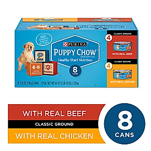 Puppy Chow Purina (8) Cans Healthy Start Nutrition 4-Real Chicken,4-Real Beef .Total 8-5.5 OZ Cans
