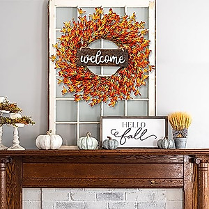 Sggvecsy Artificial Fall Wreath 20’’ Autumn Front Door Wreath Harvest Wreath with Forsythia Flowers Orange Berries Welcome Sign for Outside Indoor Wall Window Festival Thanksgiving Fall Autumn Decor