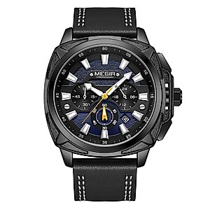 MEGIR Mens Watches Chronograph Leather Waterproof Analogue Quartz Stainless Steel Business Classic Men's Wrist Watches (Black)