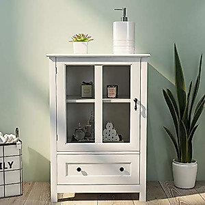 Knocbel Modern Storage Cabinet with Metal Handles, Single Glass Door, Compartments and Drawer, Buffet Sideboard for Kitchen Dining Room Hallway Entryway, 22" L x 14.4" W x 31.7" H (White)