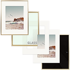 Frametory, 8x10 Aluminum Photo Frame for 5x7 Pictures with Mat or 8x10 without, Real Glass, Wall or Tabletop Metal Picture Frame Collection (Gold, 1 Pack)