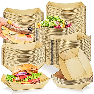 MotBach 200 Pack 2lb Kraft Paper Food Trays Disposable Paper Boats, Heavy-Duty Food Boats, Paper Food Serving Boat Tray Basket for Snacks Popcorns BBQ Sandwich Burgers Hot Dogs Tacos Fries Nachos