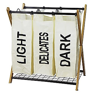 Oceanstar X-Frame Bamboo 3-Bag Laundry Sorter, White