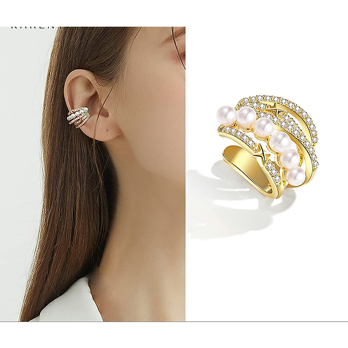 MOEPAPA Pearl Ear Cuff Earrings for Women 14K Gold Ear Cuffs for Non Pierced Ears Cartilage Earrings