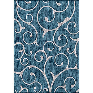 Unique Loom Outdoor Botanical Collection Area Rug - Curl (7' 1" x 10' Rectangle, Teal/ Ivory)