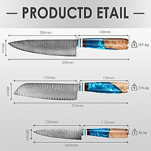 Chef Knife Set Damascus, 3PCS Professional Japanese VG10 Damascus Steel Kitchen Knife Set Chefs Knife, Paring knife, Santoku Knives, Chef Knife Set for Kitchen with Gift Box