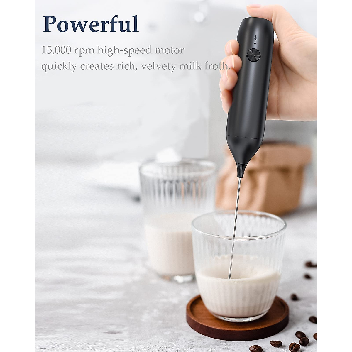 COKUNST Electric Milk Frother Handheld Rechargeable USB C, Powerful Milk Frother with Stand, Mini Drink Mixer Electric Handheld, Durable Whisk Coffee Milk Frother for Cappuccino, Latte, Hot Chocolate
