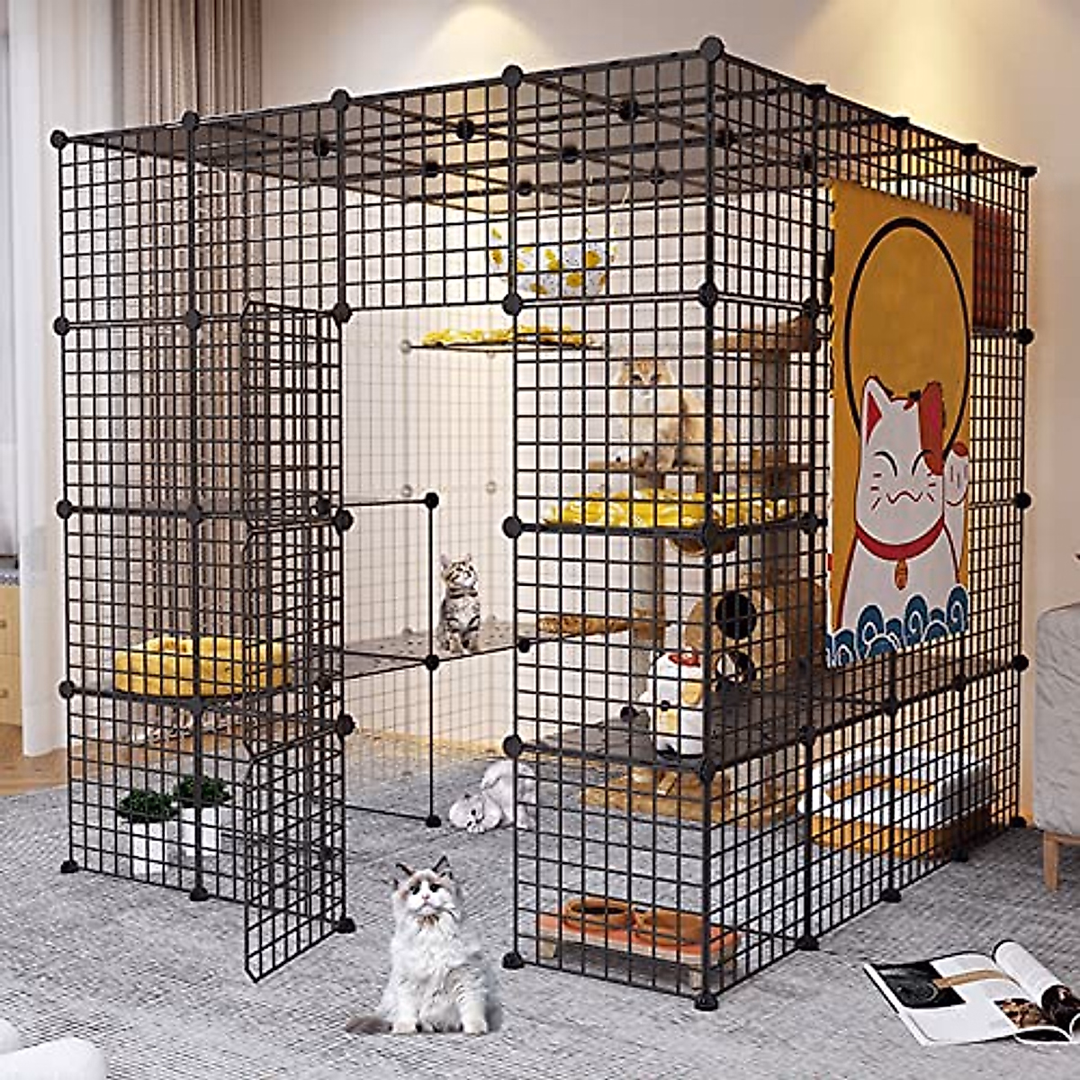 Old Tjikko Large Cat Cage,Indoor Cat Playpen,Metal Wire Kennels Crate,Small Animal Cages for Kitten Guinea Pig, Bunny and Chinchilla Ideal for 1-3 Cats with 2 Platforms Beds and 2 Ladders