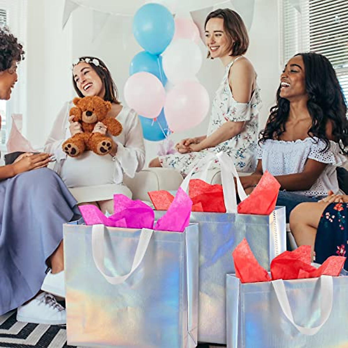 TOPZEA 20 Pack Glossy Reusable Grocery Bags 12.5" x 12.5", Large Non-woven Tote Shopping Bag with Handle, Wedding Bridesmaid Bag Iridescent Gift Bags Goodie Bag for Small Business, Christmas, Party