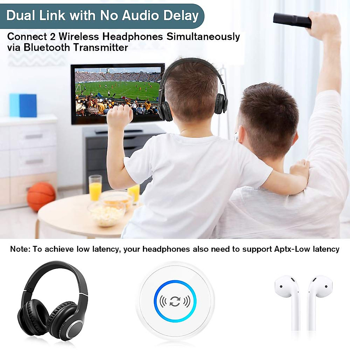 Friencity Bluetooth 5.0 Transmitter for TV Watching, apt-X Low Latency Wireless 3.5mm Aux Adapter for PC Home Stereo Radio Projector DVD Xbox PS4 RCA, Connect 2 pairs of headphones simultaneously