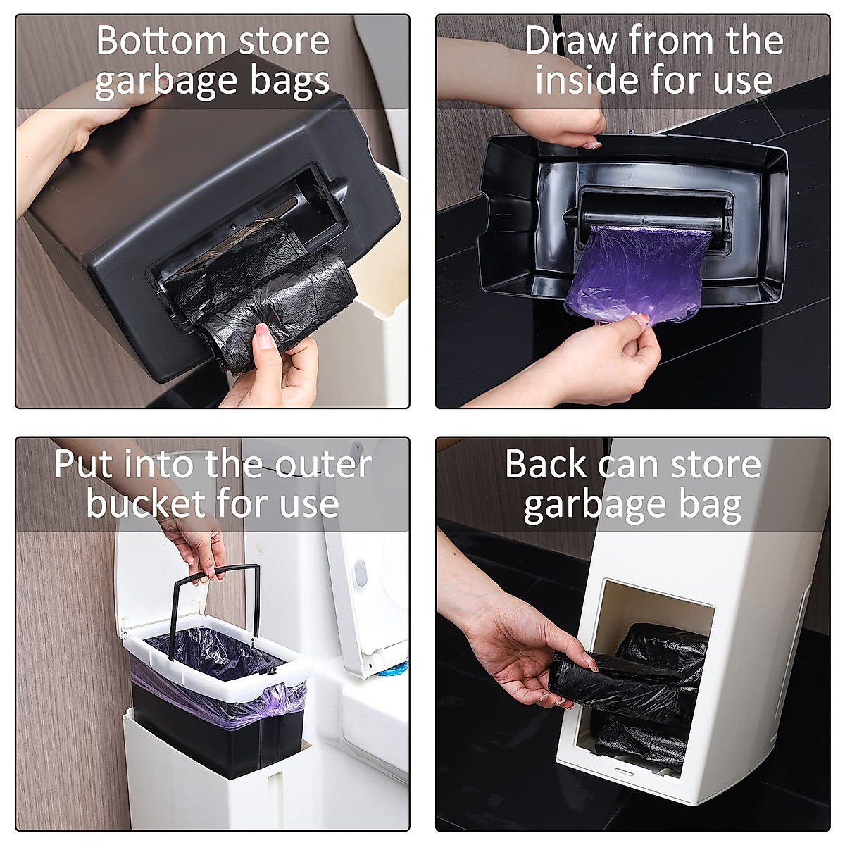 Cq acrylic Slim Plastic Trash Can 1.3 Gallon, Trash can with Toilet Brush Holder, 5 Liter Garbage Can with Press Top Lid, White Rectangular Modern Waste Can for Bathroom