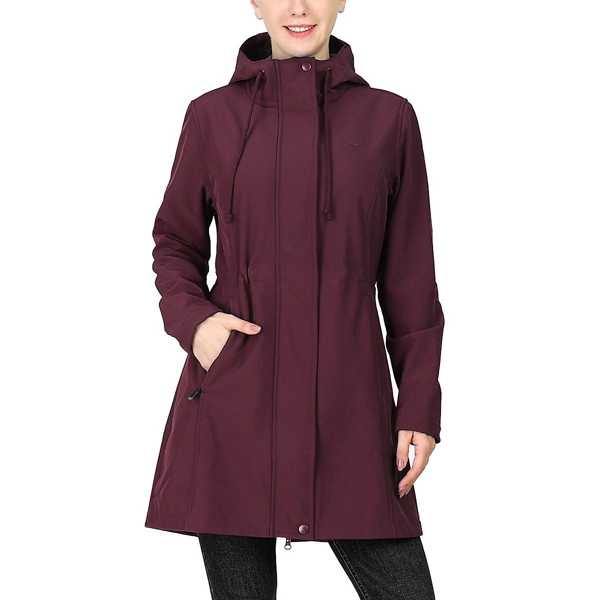 33,000ft Women's Softshell Long Jacket with Hood Fleece Lined Windproof Warm up Waterproof Windbreaker