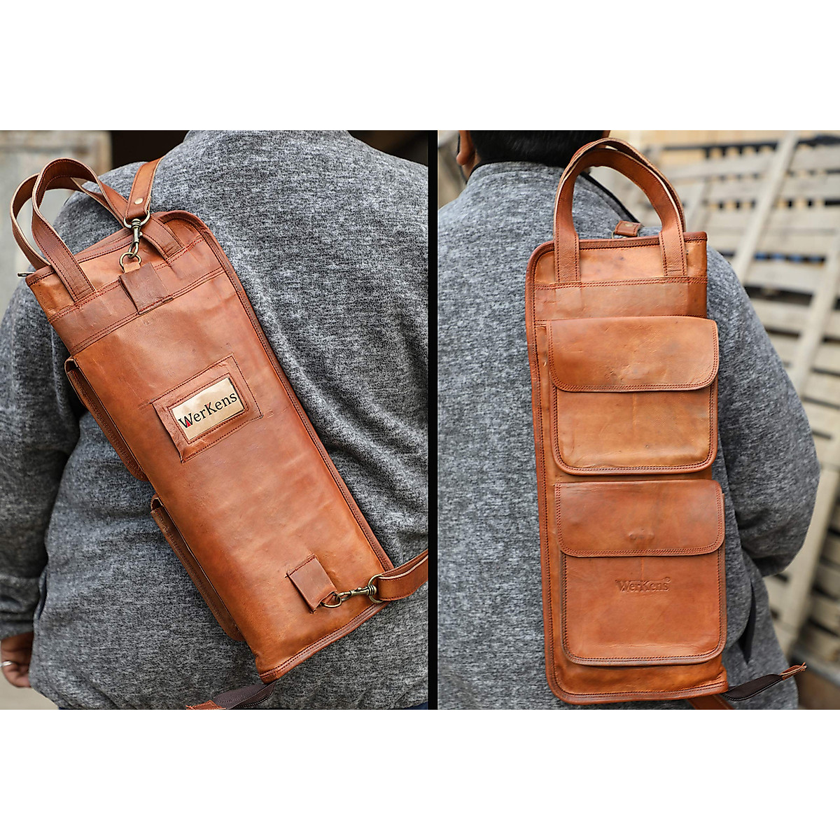 WerKens Leather Drumstick Bag Floor Tom Hooks Holds 10-12 Pairs Drum Sticks Mallets Brushes Percussion Drum Stick Bag Detachable Shoulder Strap Easy Carry Handles (Brown) – DSB003