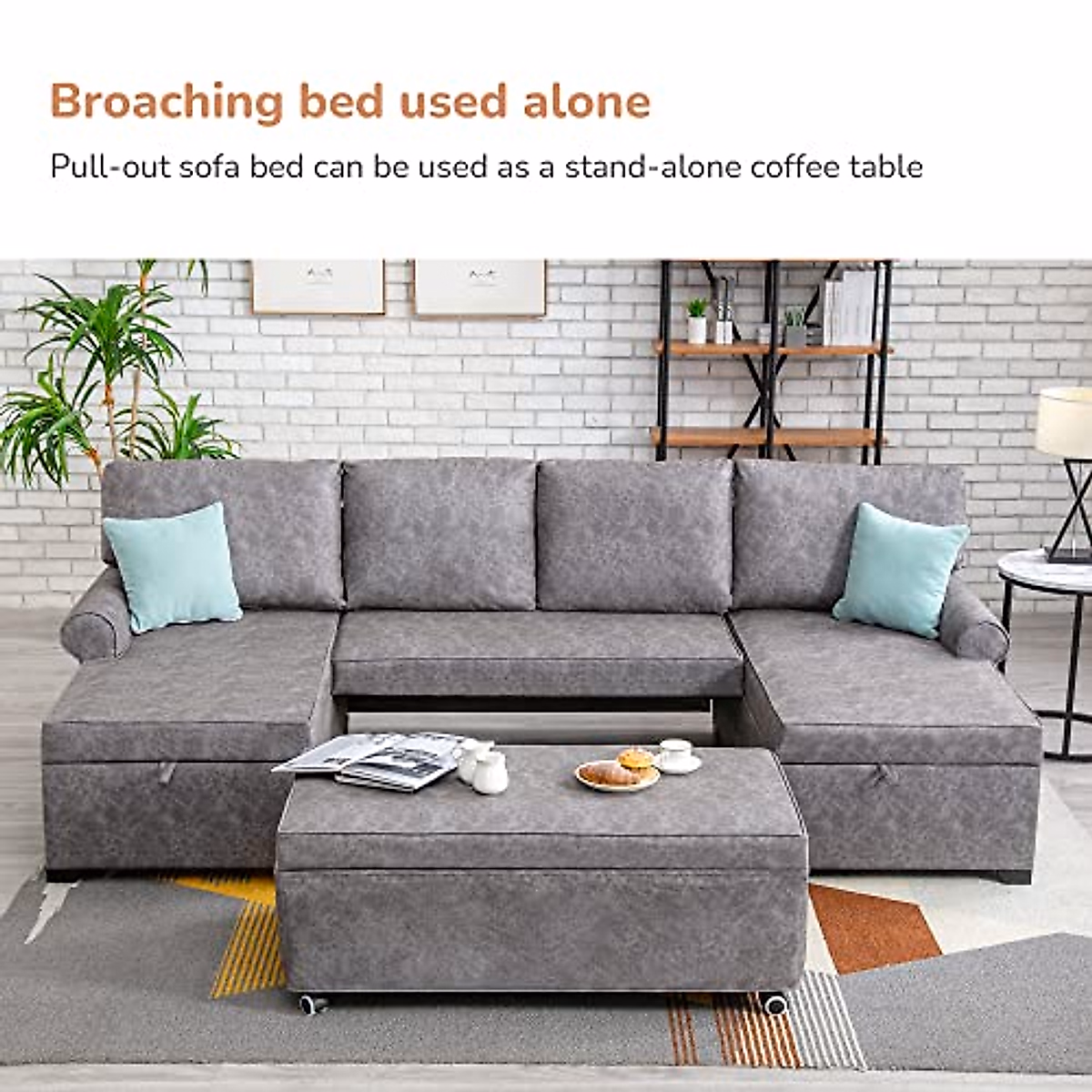Merax Sectional Sofa Living Room Modern U Shaped Couch with Sleeper Bed, Double Storage Spaces and 2 USB Charging Ports Chaises Longues, Brushed Gray