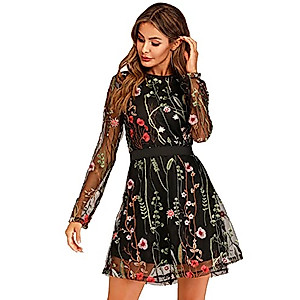 Milumia Women's Floral Embroidery Mesh Round Neck Tunic Party Dress Black Small