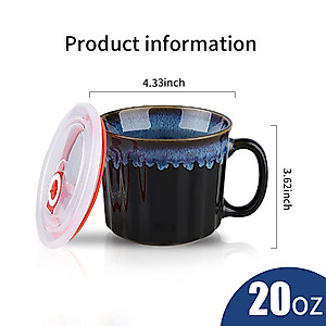 KOOV 20 Ounce Soup Mugs with Handles and Lids Microwave Safe, Ceramic Soup Bowls with Lids, Large Meal Mug Set of 4, Reactive Glaze (Nebula Blue)