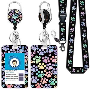 Puppy Dog Paw Lanyards for Id Badges, Cute Retractable ID Badge Holder with Detachable Lanyard, Fashionable Badge Reel Heavy Duty with 360 Degrees Rotate Carabiner Clip, Nurse Teacher Office Gifts