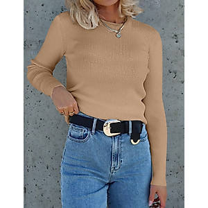 ZESICA Women's Long Sleeve Crewneck Shirts Spring Knit Sweater Slim Fitted Casual Basic Tee Tops,Toffee,Medium