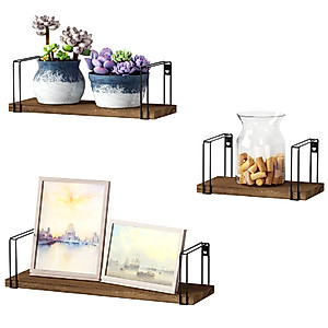 SRIWATANA Rustic Floating Shelves Wall Mount Set of 3, Hanging Wall Shelves, 17 Inch Wood Storage Shelves for Decor, Bedroom, Bathroom, Laundry Room, Living Room, Kitchen, Office - Light Walnut