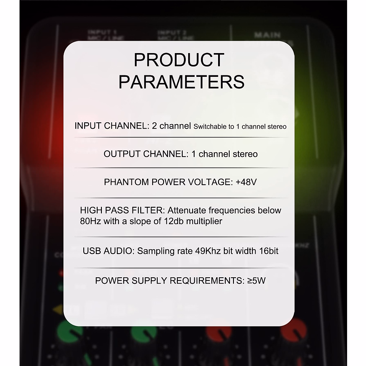 G-MARK Mini Audio Mixer 2 Channel With 48V Phantom Power Sound Effects Interface Music For Live Show Recoding Stage Party DJ Podcast Streaming