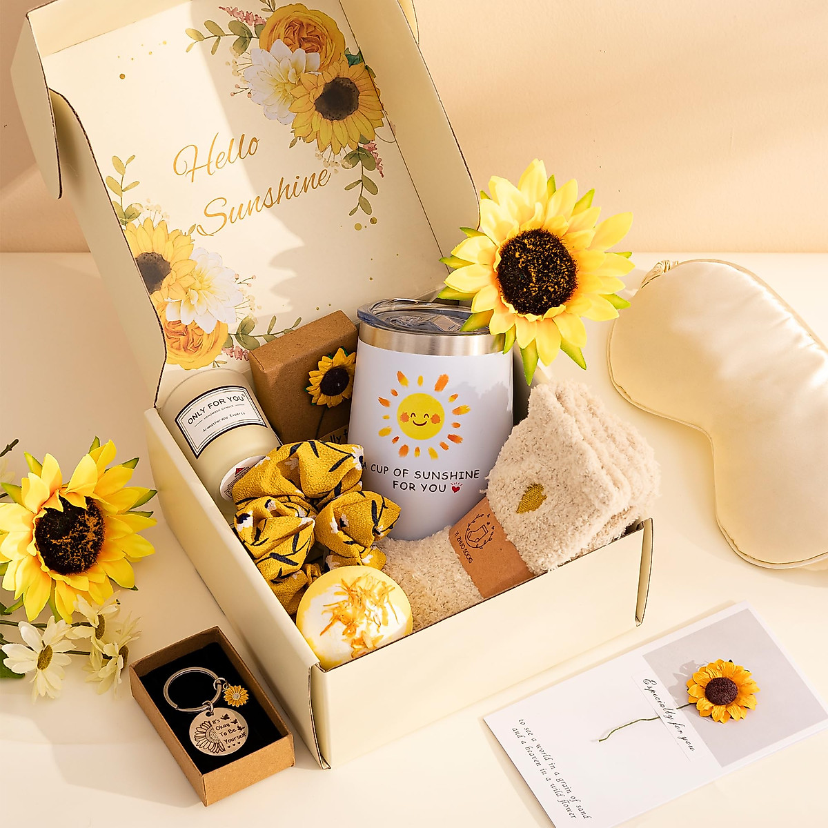Sunflower Gifts for Women,Sending Sunshine Get Well Soon Gifts Basket Care Package Unique Birthday Gifts Box Thinking of You Gift for Her Relaxing Spa Bath Gift for Women New Mom Sister Best friend