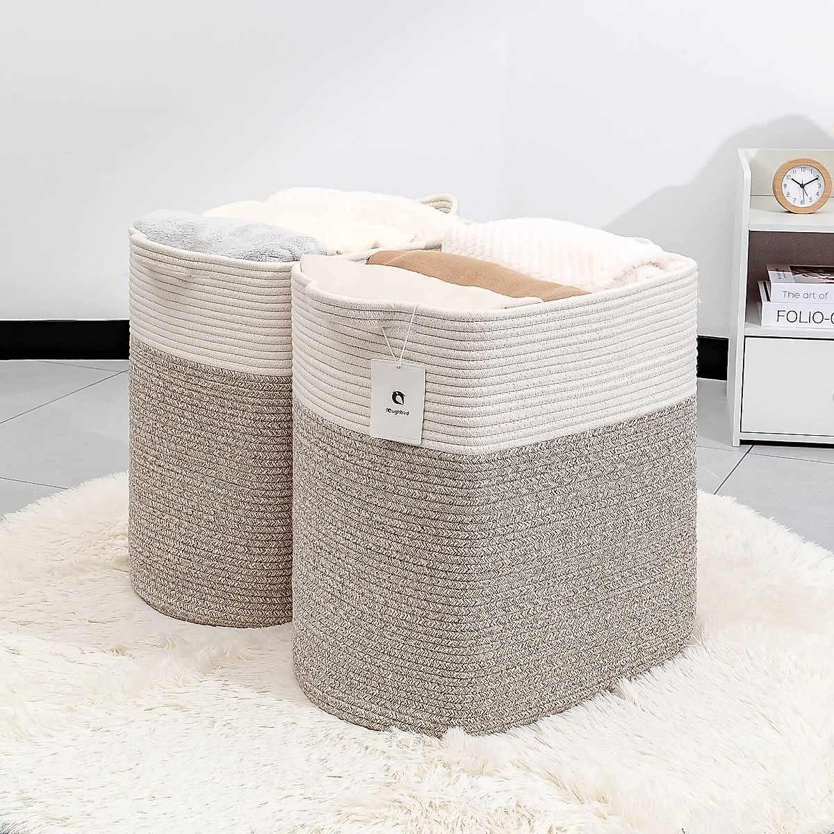 Laughbird Extra Large Tall Basket Folding Bamboo Rectangle Handle Bins With Handle, Bathroom Dirty Clothes Basket, Bedroom, Toy, Pillows, Closet Organizer White Brown Collapsible Laundry Baskets