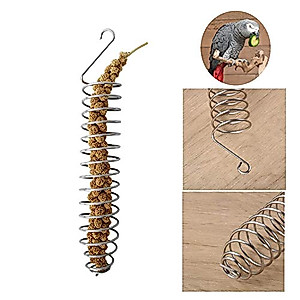 alfyng 5 PCS Bird Food Holder Set, 2pc Parrot Hanging Cage Vegetable Fruit Feeder and Clips, 1pc Bird Stand Perch, Stainless Steel Bird Treat Skewer Parrot Foraging Toy, Animal Feeding Treating Tool