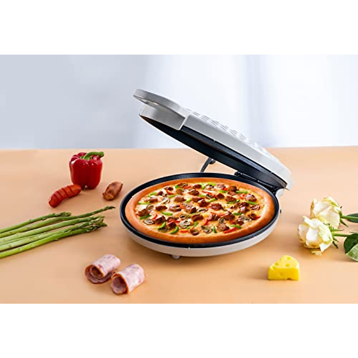 Courant Pizza Maker 12-inch Pizzas Machine, Newly improved Cool-touch Handle Non-Stick plates Pizza oven & Calzone Maker, Electric Countertop Oven for Home or School, 12” Indoor Grill/Griddle, Gray