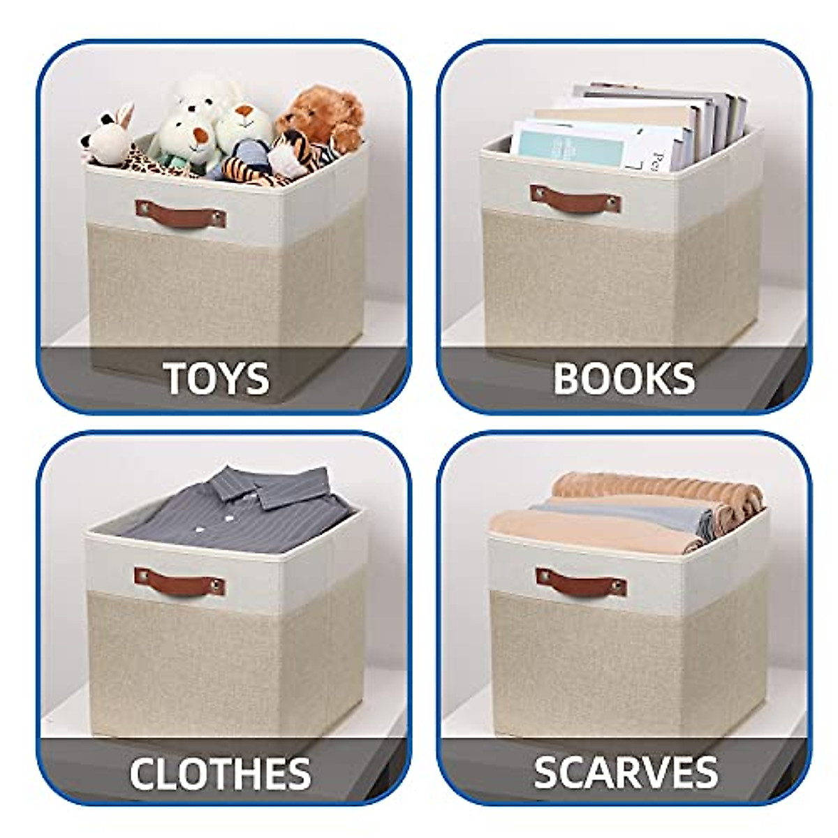 Temary Cube Storage Bins Storage Basket for Shelves Fabric Storage Cubes Closet Baskets for Cube Storage with Leather Handles, Cloth Bins for Home and Office (White & Khaki, 13x13x13 Inch)