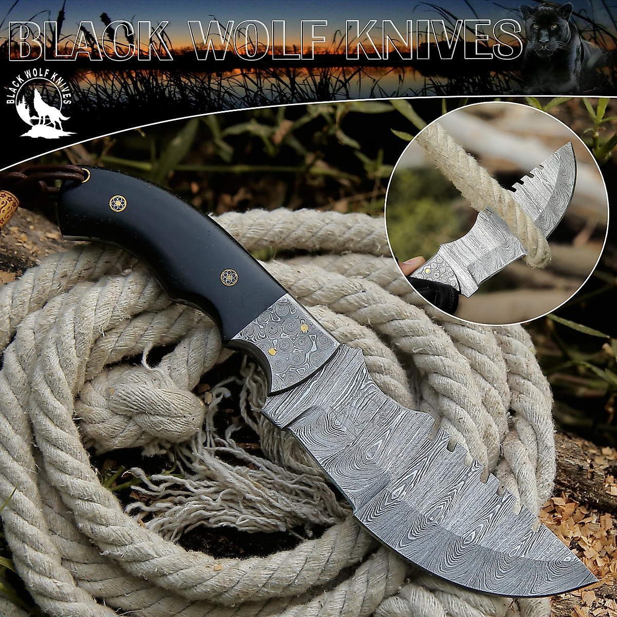 BLACK WOLF KNIFE Handmade Damascus Steel Tracker Knife EDC for Hunting, Bush craft, Camping, Fixed Blade G10 Handle with Cowhide Leather Sheath – BW-4141