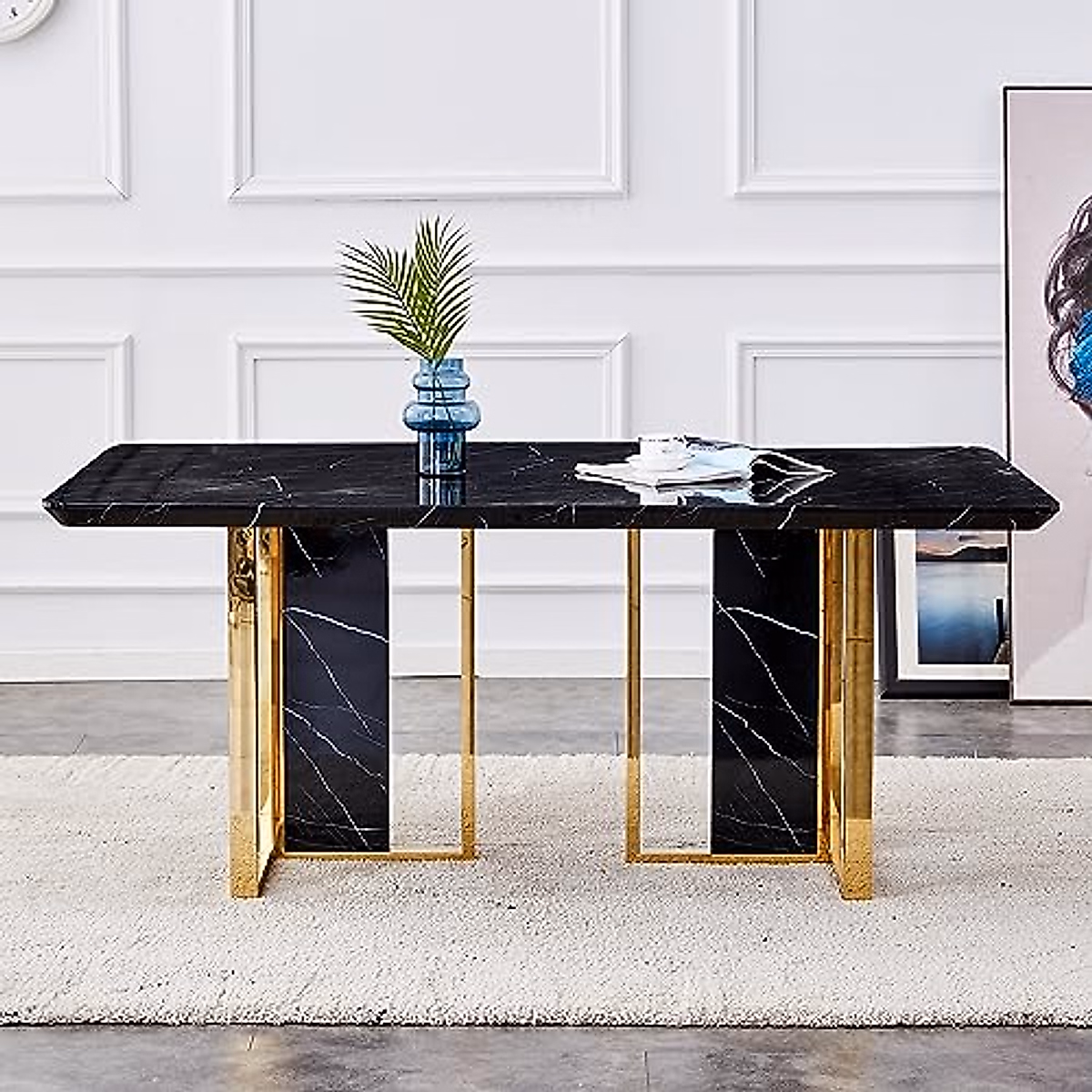 Goderfuu Black Marble Dining Table for 8 People - 71 inch Modern Kitchen Dining Room Table with Gold Base, Faux Marble Dining Table Pedestal Table Dinner Table, Large Marble Table for Dining Room