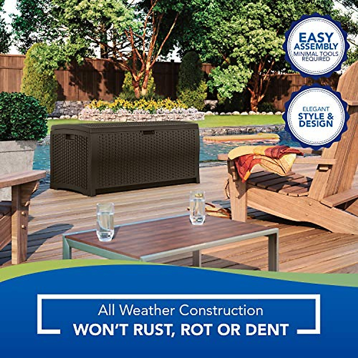 Suncast 73-Gallon Medium Deck Box - Lightweight Resin Indoor/Outdoor Storage Container and Seat - Mocha Brown & Gallon Hideaway Can Resin Outdoor Trash with Lid Use in Backyard, Deck, or Patio, Brown