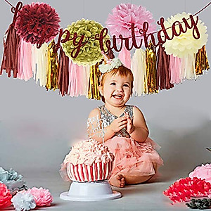 Burgundy Pink Birthday Decorations for Women Grils, Pink Birthday Decoration Set with Birthday Banner, Paper Pom Poms, Circle Dot Garland and Tassel Garland for Women Grils kids Birthday Party Decor