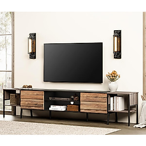 WAMPAT Mid-Century TV Stand for 100 Inch TV, Wood Entertainment Center for 85 90 95 inch TV Console Table with Open Storage for Living Room Bedroom,Black&Brown