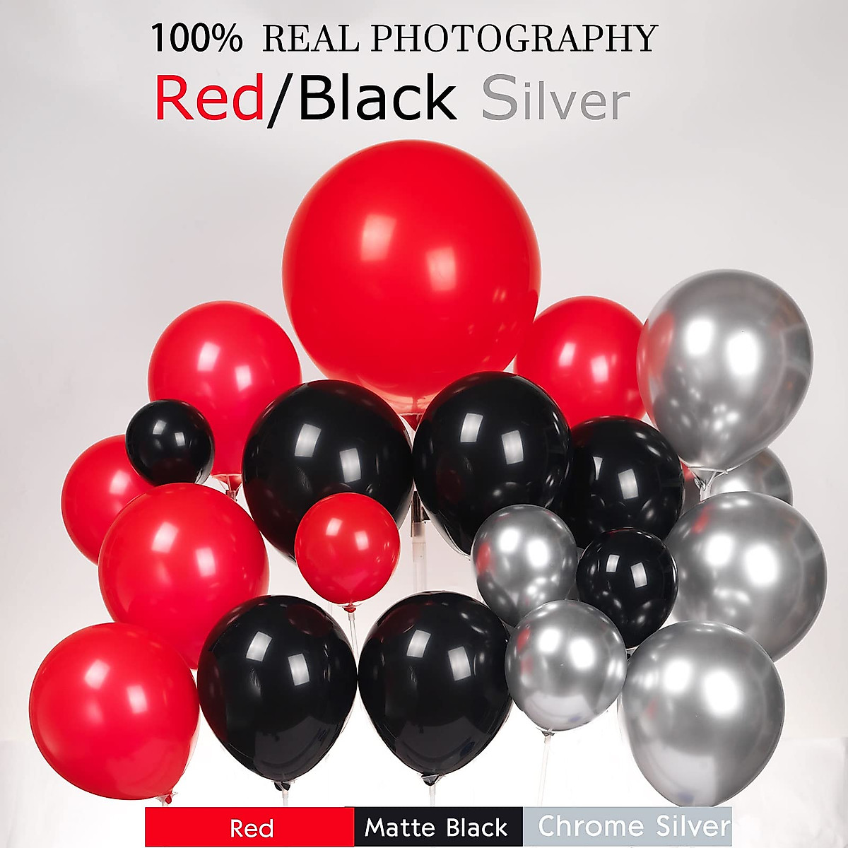 Black and Red Silver Balloon Garland kit 135Pcs Latex Chrome Silver and Crown star balloons for Birthday Party anniversary wedding graduation Christmas happy grad decorations 2025