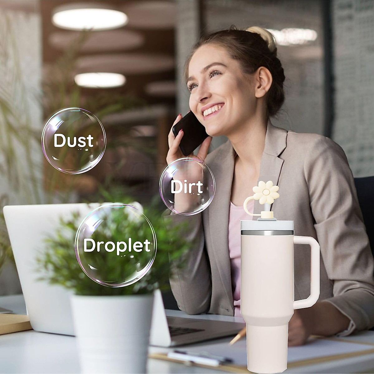 Avky 4 Pcs Straw Cover Cap for Stanley Cup, 10mm 0.4in Flower Shape Straw Covers Cap with 30&40 Oz Tumbler with Handle Dust-Proof Reusable Straw Tips Lids Black & Off White