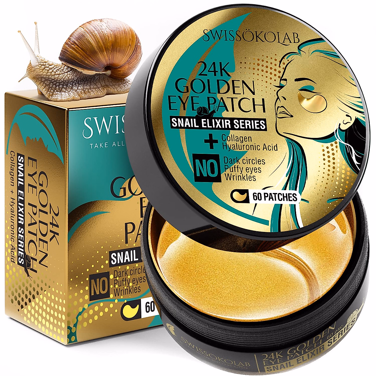 SWISSÖKOLAB Under Eye Patches For Puffy Eyes 24k Gold Eye Mask Dark Circles And Puffiness Collagen Eye Gel Pads Moisturizing & Reducing Wrinkles Anti-Aging Hyaluronic Acid (Snail Series)