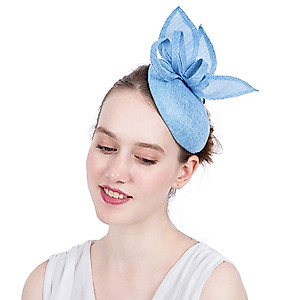 ORIDOOR Sinamay Flower Feathers Pillbox FascinatorHat Derby Headband forWeddingTea PartyChurchHat for Cocktail (D1 Light Blue) …