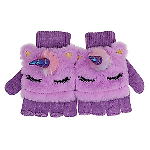 Newfancy Kids Girls Cute Glitter Unicorn Beanie Winter Hat and Glove Set Knitted Earflap Cap Flip Top Mitten Set Purple One Size