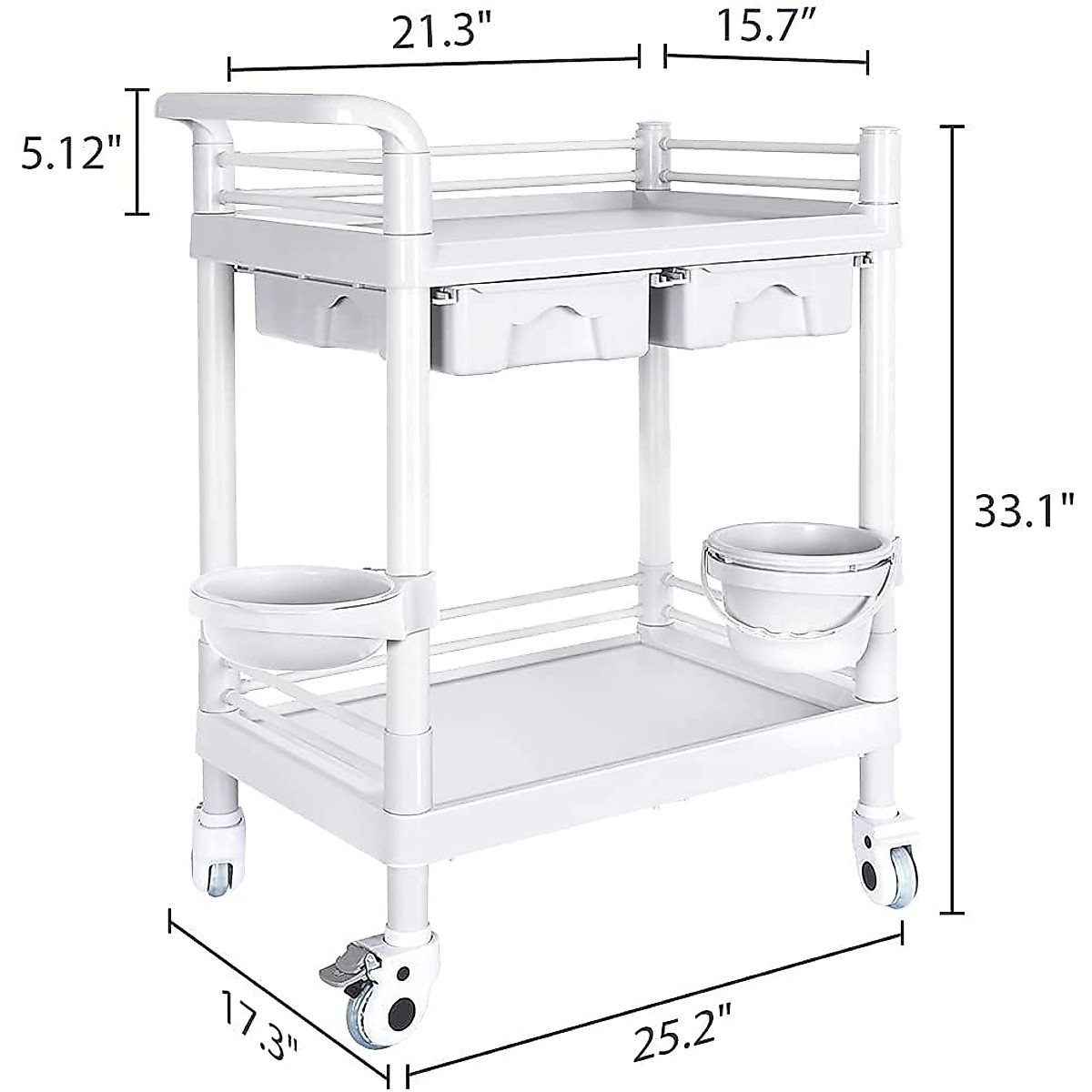 Mobile Trolley Cart, 2 Tier Heavy Duty Rolling Utility Cart with 360° Rotate Wheels, Medical Mobile Trolley Cart with Dirt Bucket & Drawer Spacious Beauty Salon Rolling Cart
