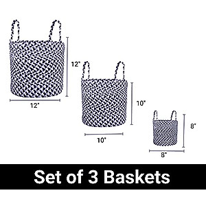 Super Area Rugs Farmhouse Plant Basket/Planter Multi Purpose Open Top Bin with Handles, Cotton Rope Basket, 8-inch, 10-inch and 12-inch Blue, White, Gray